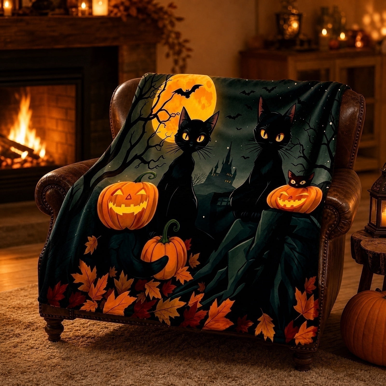 40*60Inch Halloween Full Moon Maple Leaf Flannel Throw Blanket Soft ...