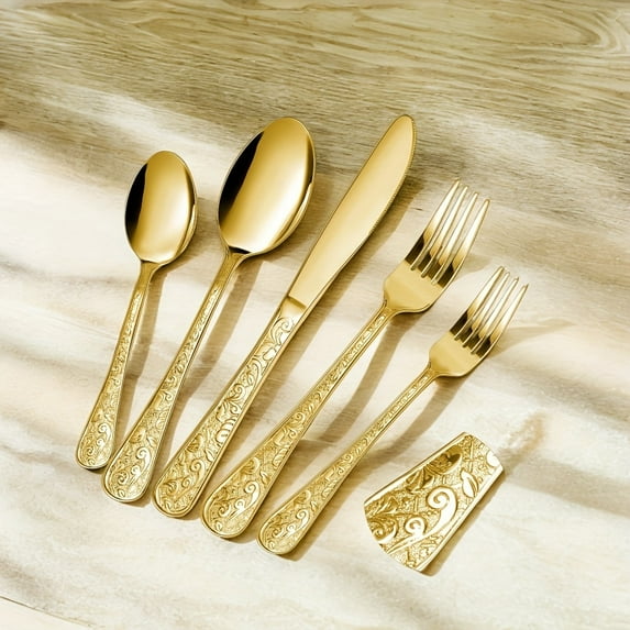 40/60Pcs Vintage Carved Tableware Set (Golden/Silvery) - Stainless ...