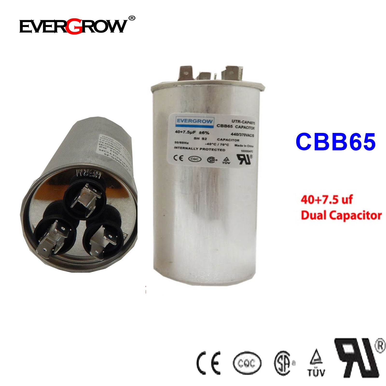 40+7.5 Uf ±6% 40/7.5 MFD 370/440 VAC CBB65 Dual Run Start round ...