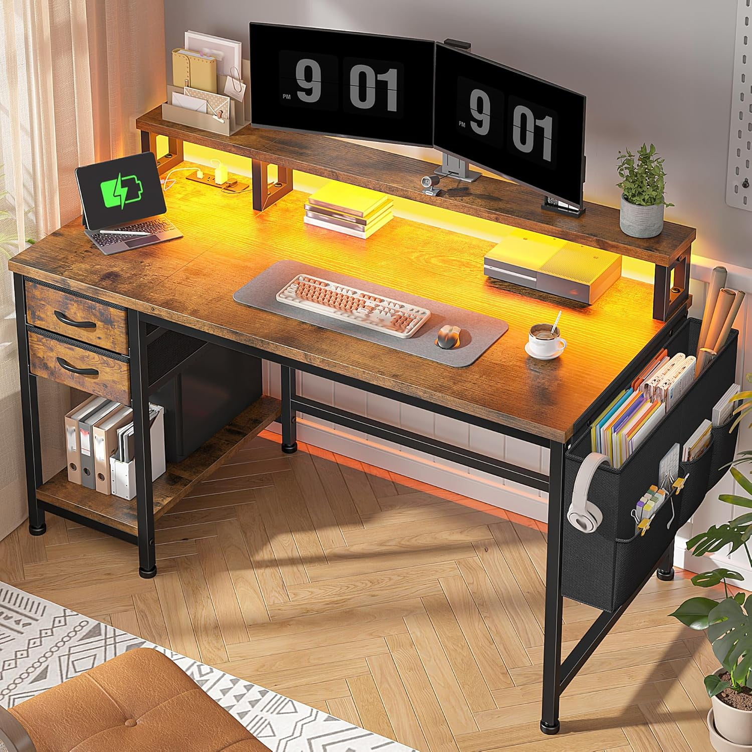 40" Computer Desk with LED Lights, Gaming Desk with Drawers & Storage ...