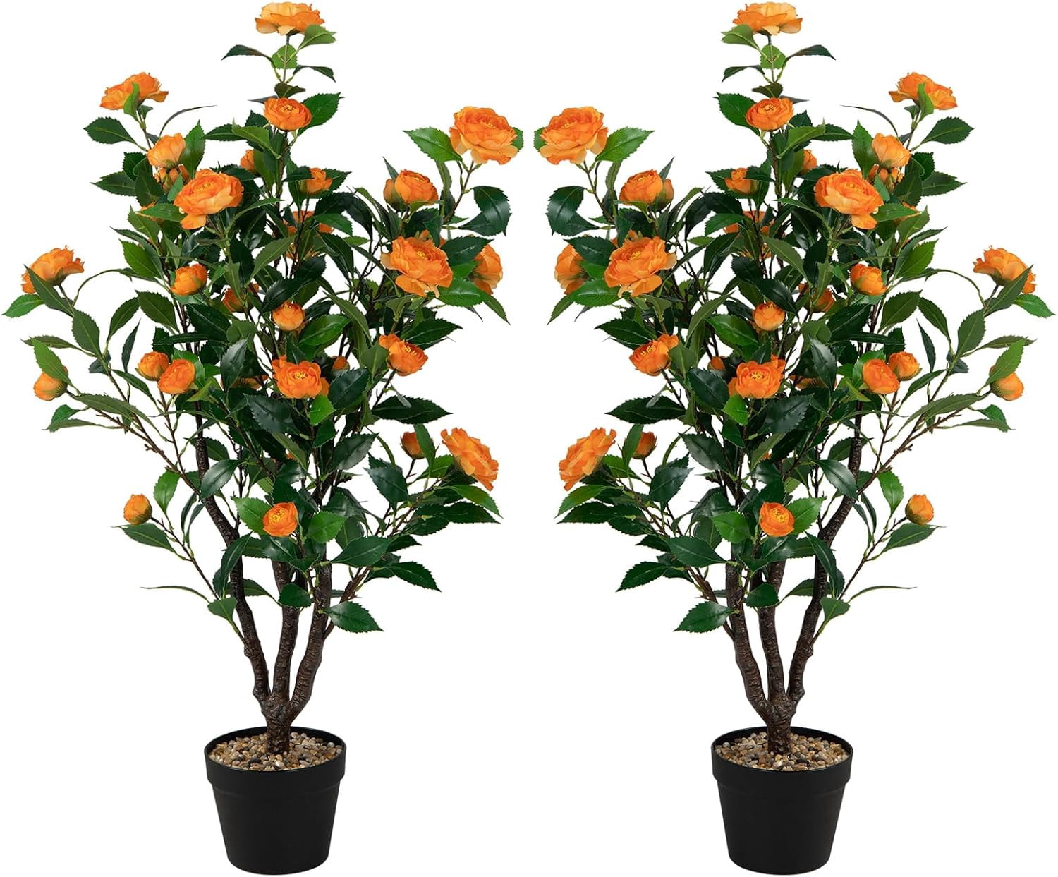 40’’ Faux Camellia Trees Set of 2, Artificial Plants in Cement-Filled ...