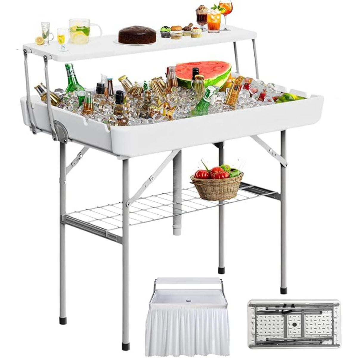 40'' Folding Ice Cooler Table with Drain, Two-Tier Ice Bin Table with ...
