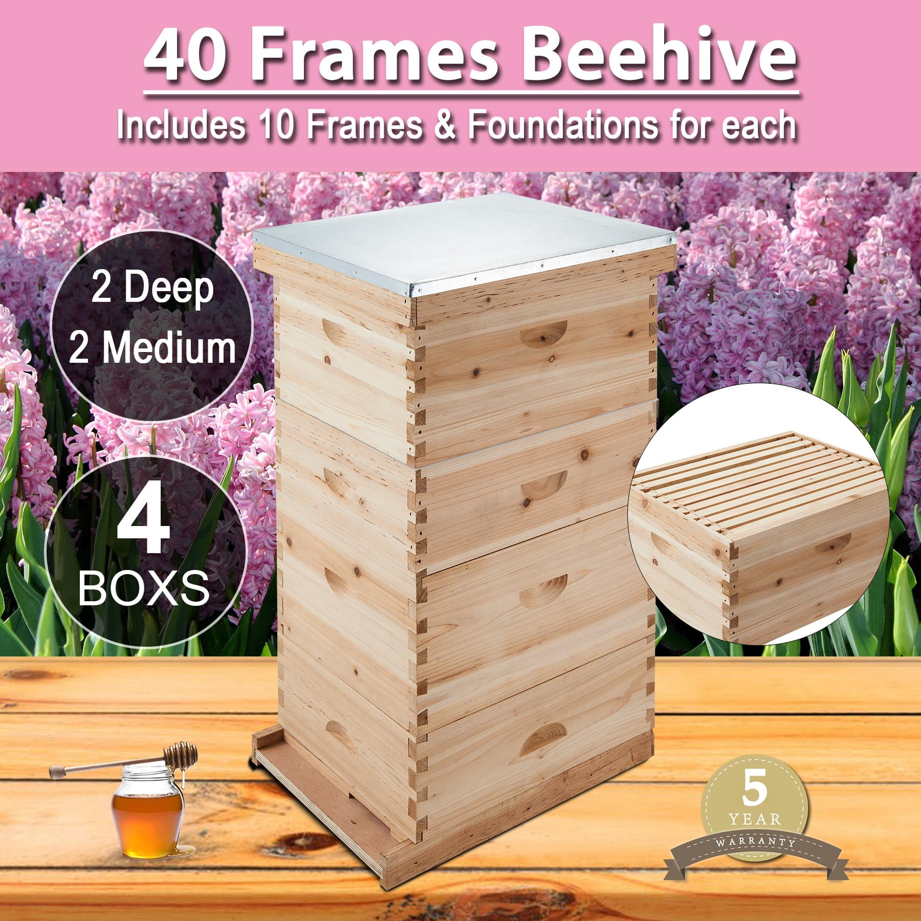 40-Frame Size Beekeeping Kit Bee Hive House Frame Beehive 20 Deep 20 ...