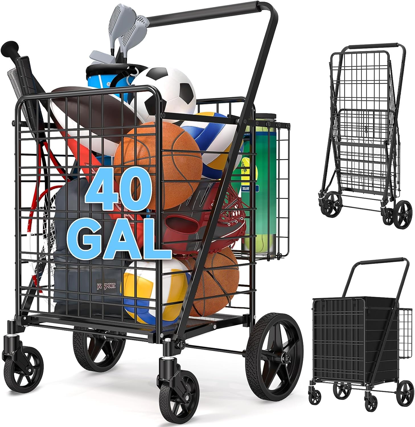 40 GAL Shopping Cart for Groceries - Grocery Cart on 360° Swivel Big Strong Wheels, 350 Lbs ...