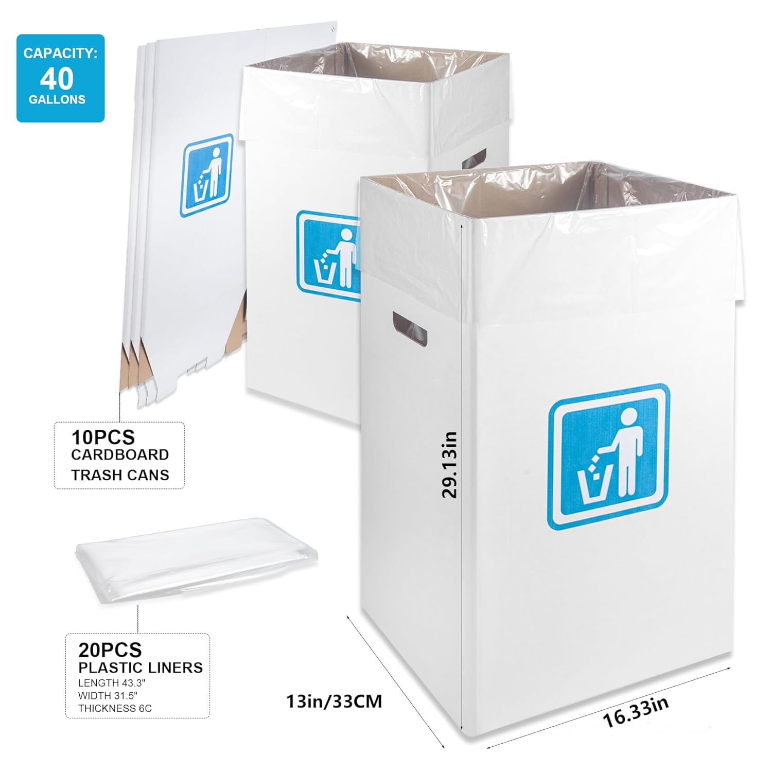 40 Gallon Cardboard Trash Cans for Events (Pack of 10) with 20 Liners ...