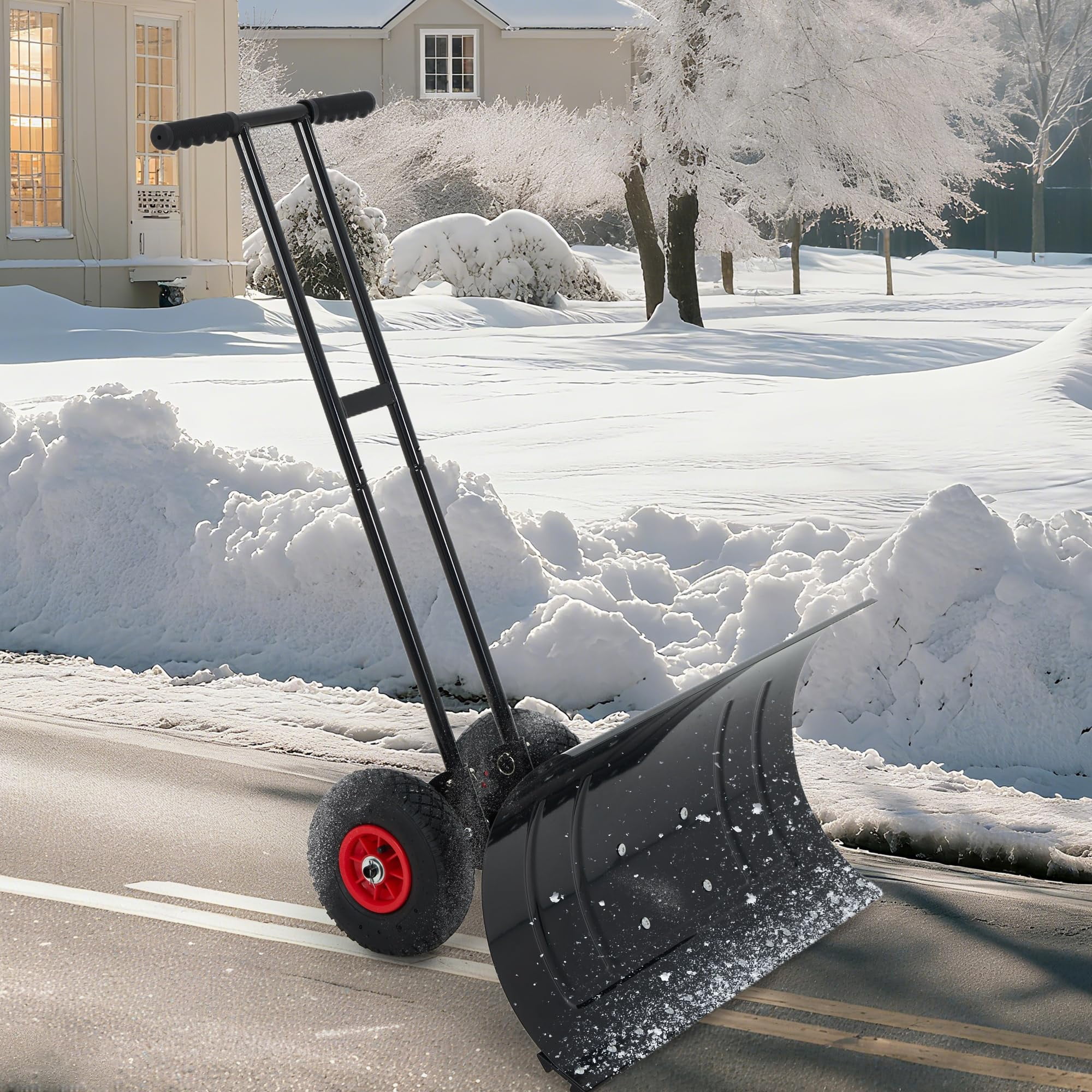 40'' Galvanized Blade Heavy-Duty 2-Wheel Snow Pusher Hand Plow ...