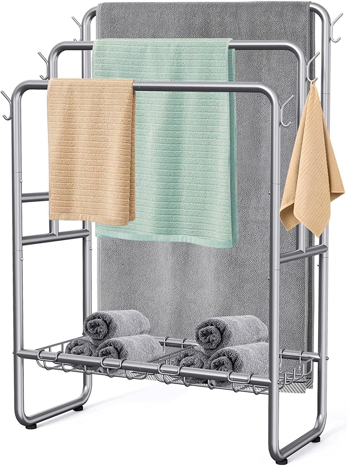 40" H Free Standing Towel Rack with 2 Storage Baskets & 6 Hooks, 3 Tier ...