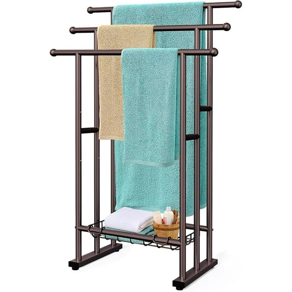 40" H Free Standing Towel Rack with 2 Storage Baskets & 6 Hooks, 3 Tier ...
