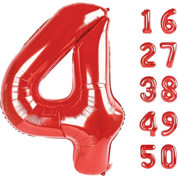 40 Inch Big Red 4, Balloon Number Large Foil Helium Number Balloons 0-9 ...