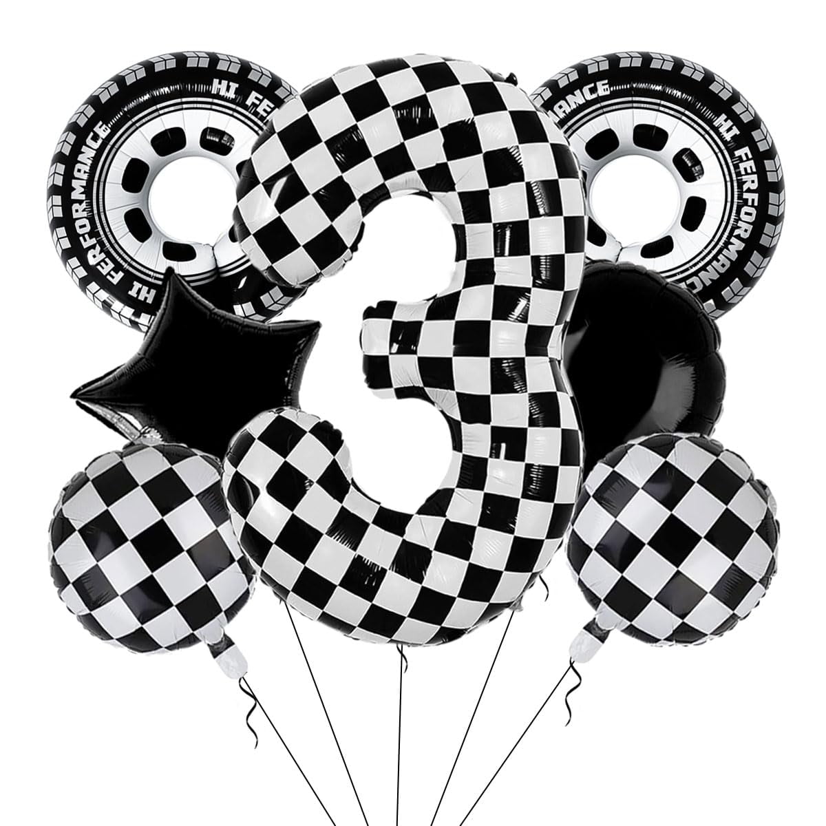 40 Inch Checkered FEV6 Number 3 Balloon Large Black and White Race Car ...