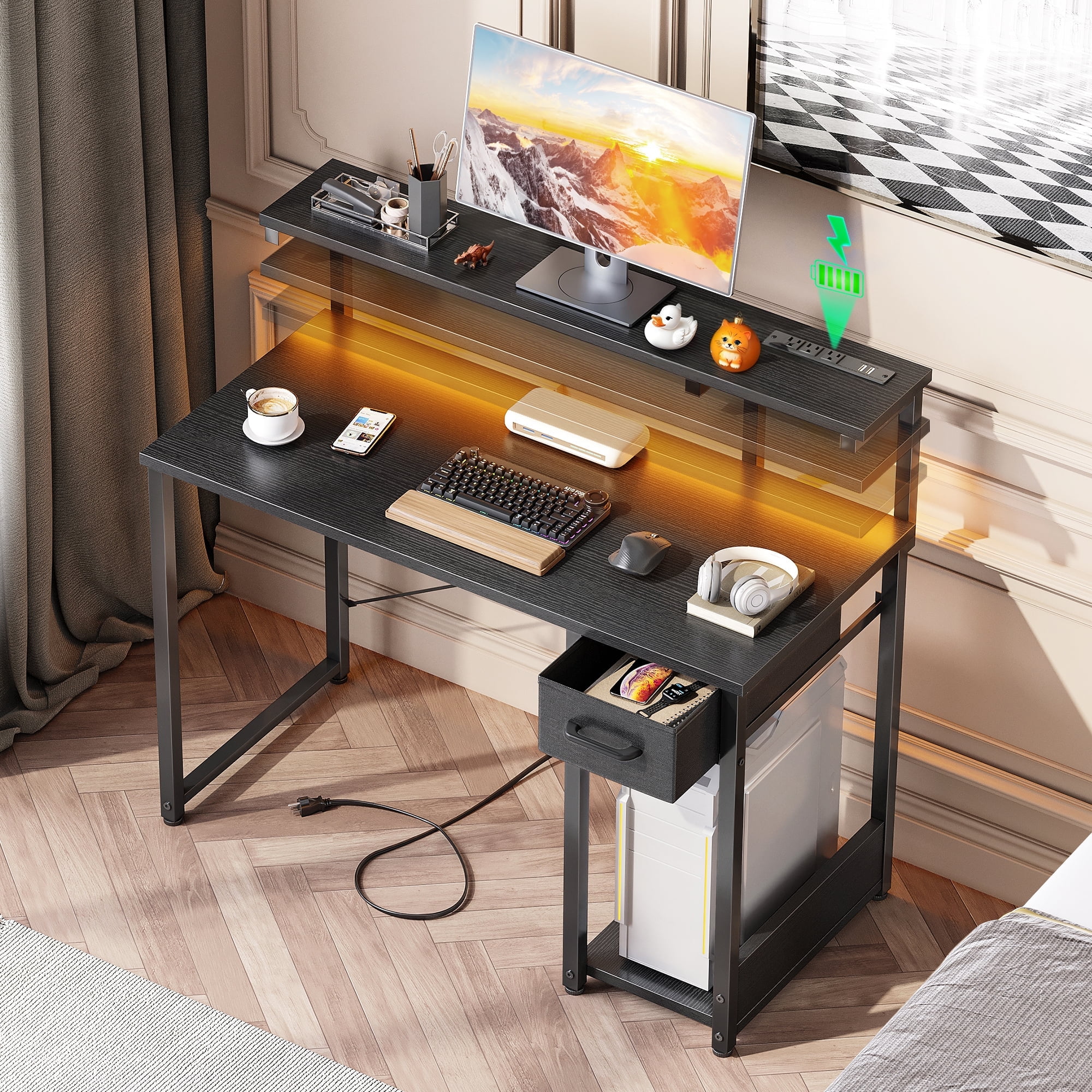 40 Inch Computer Desk with Drawers & Power Outlets, Study Writing Desk ...