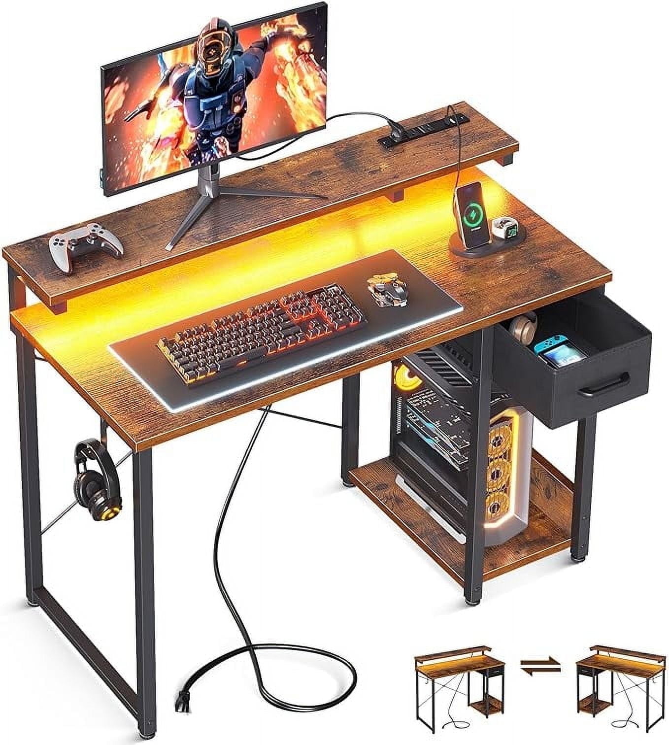 40 Inch Desk with Drawers, Power Outlets & Monitor Stand, Vintage Style ...