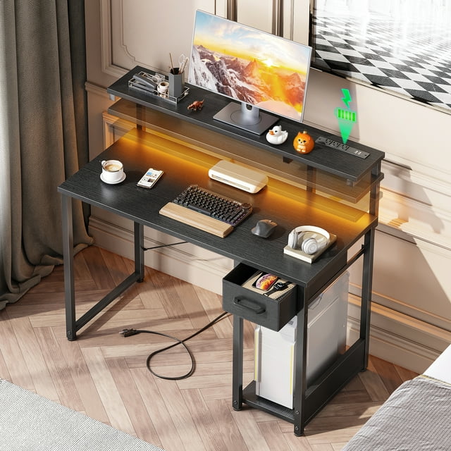 40 Inch Computer Desk with Drawers & Power Outlets, Study Writing Desk ...