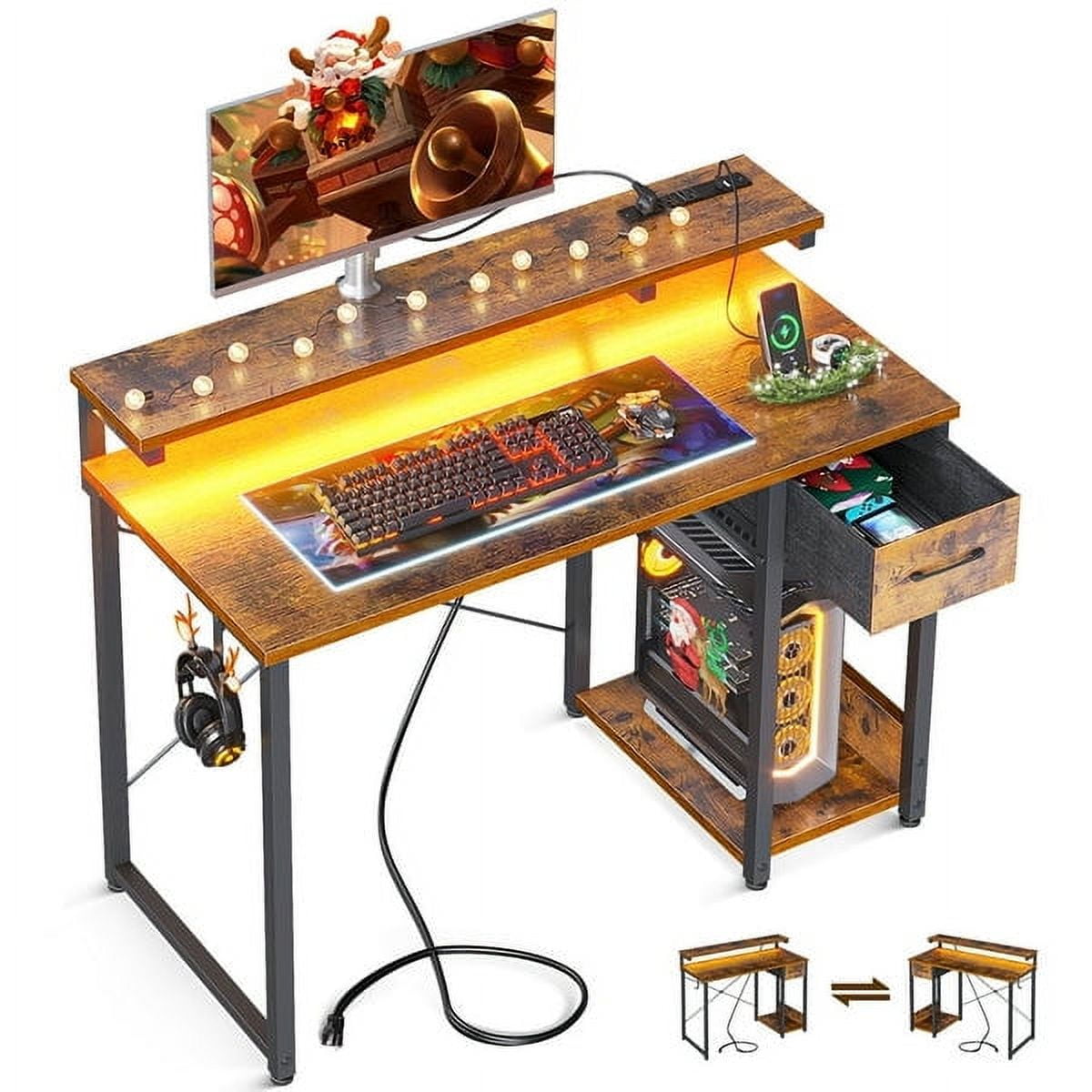 40 Inch Desk with Drawers, Power Outlets & Monitor Stand, Vintage Style ...