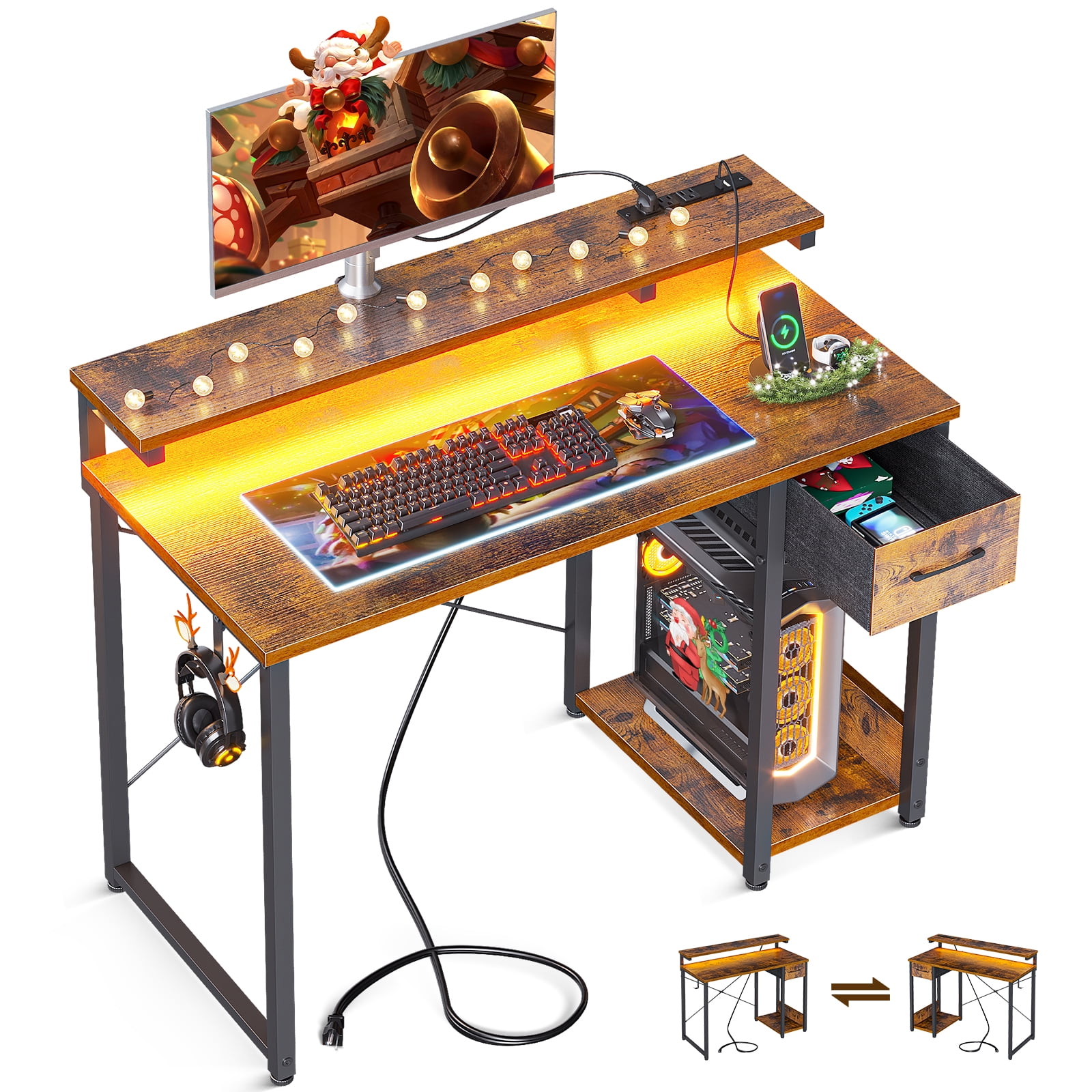 40 Inch Computer Desk with Drawers & Power Outlets, Study Writing Desk ...