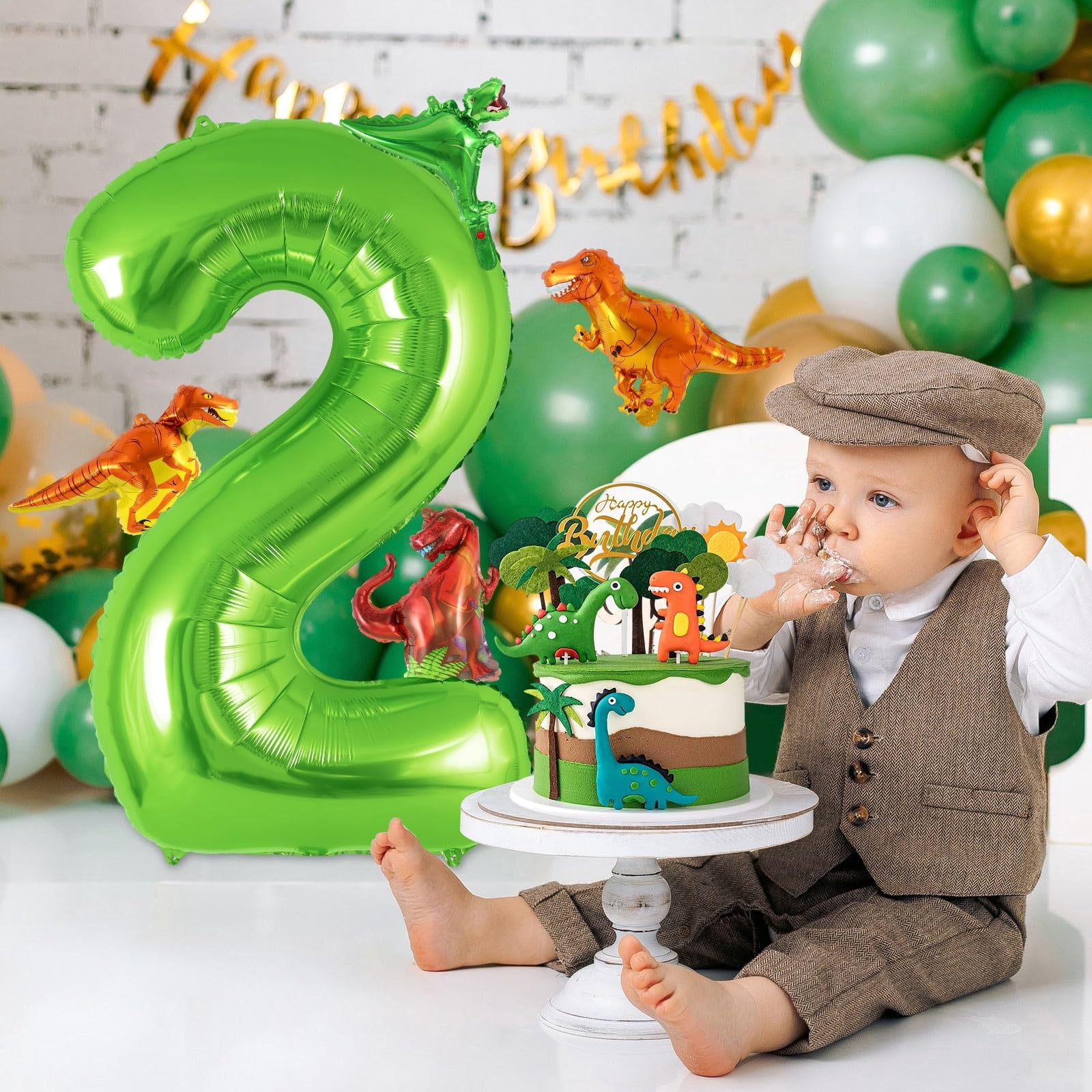 40 Inch Dinosaur Green Number 2 Foil Balloon Set with 4 Dino Balloons ...