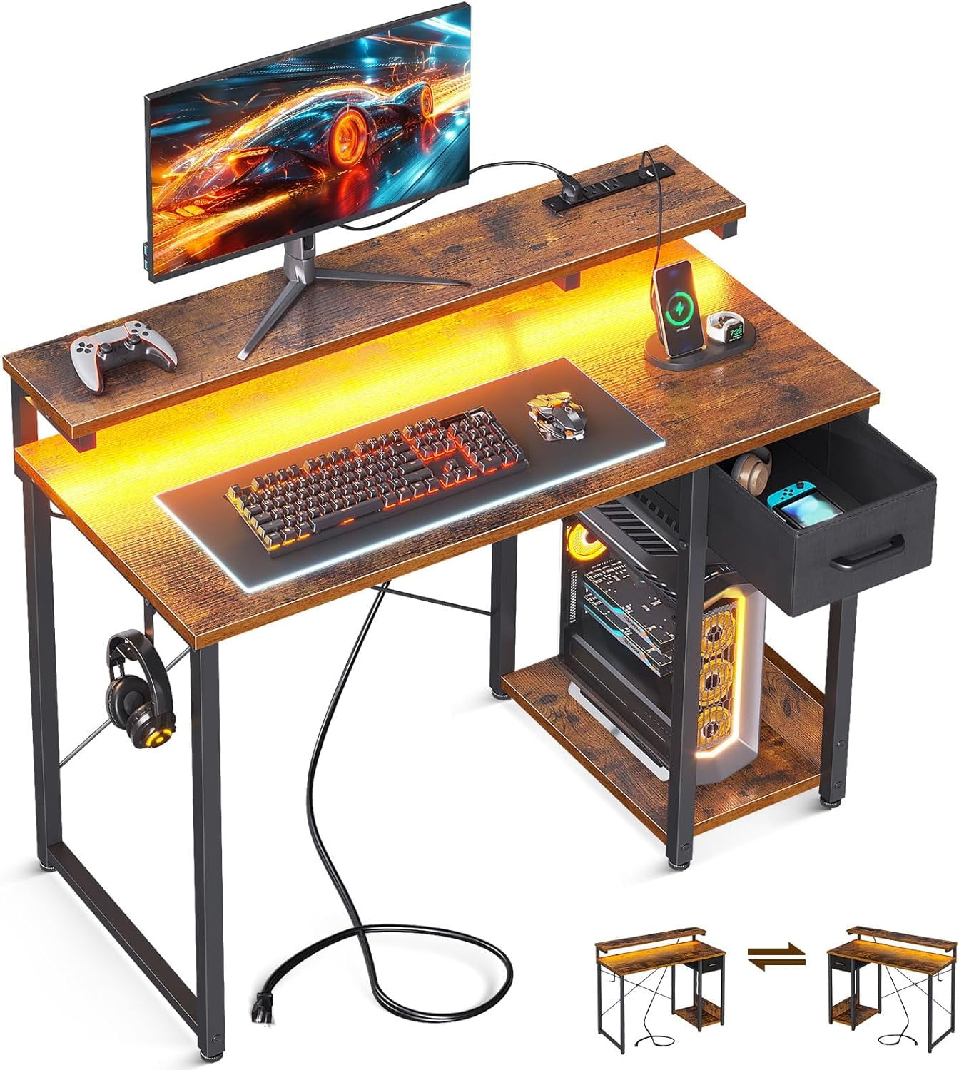 40 Inch Gaming Desk with LED Lights and Power Outlet, Computer Desk ...