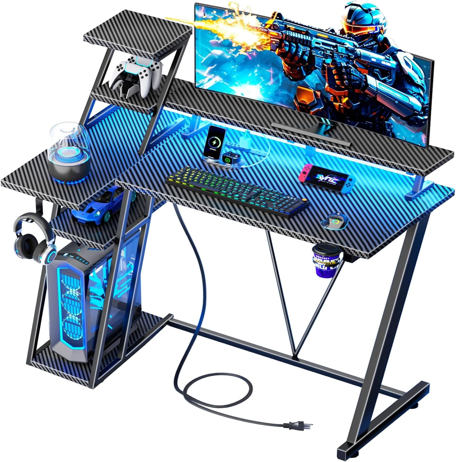 40 Inch Gaming Desk with LED Lights & Power Outlet, Small Gaming ...