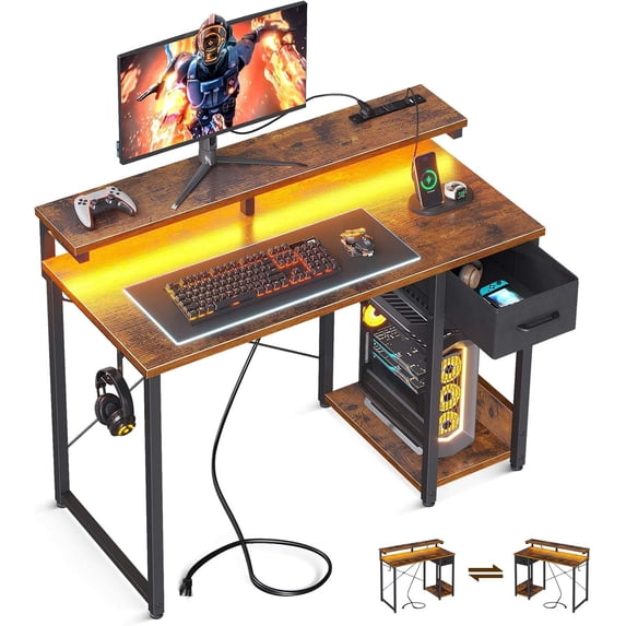 40 Inch Gaming Desk with RGB Lights, Built-in Power Panel, Fabric ...