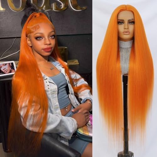 40 Inch Ginger Orange 13x6 Lace Front Straight Wigs Long Synthetic Pre ...