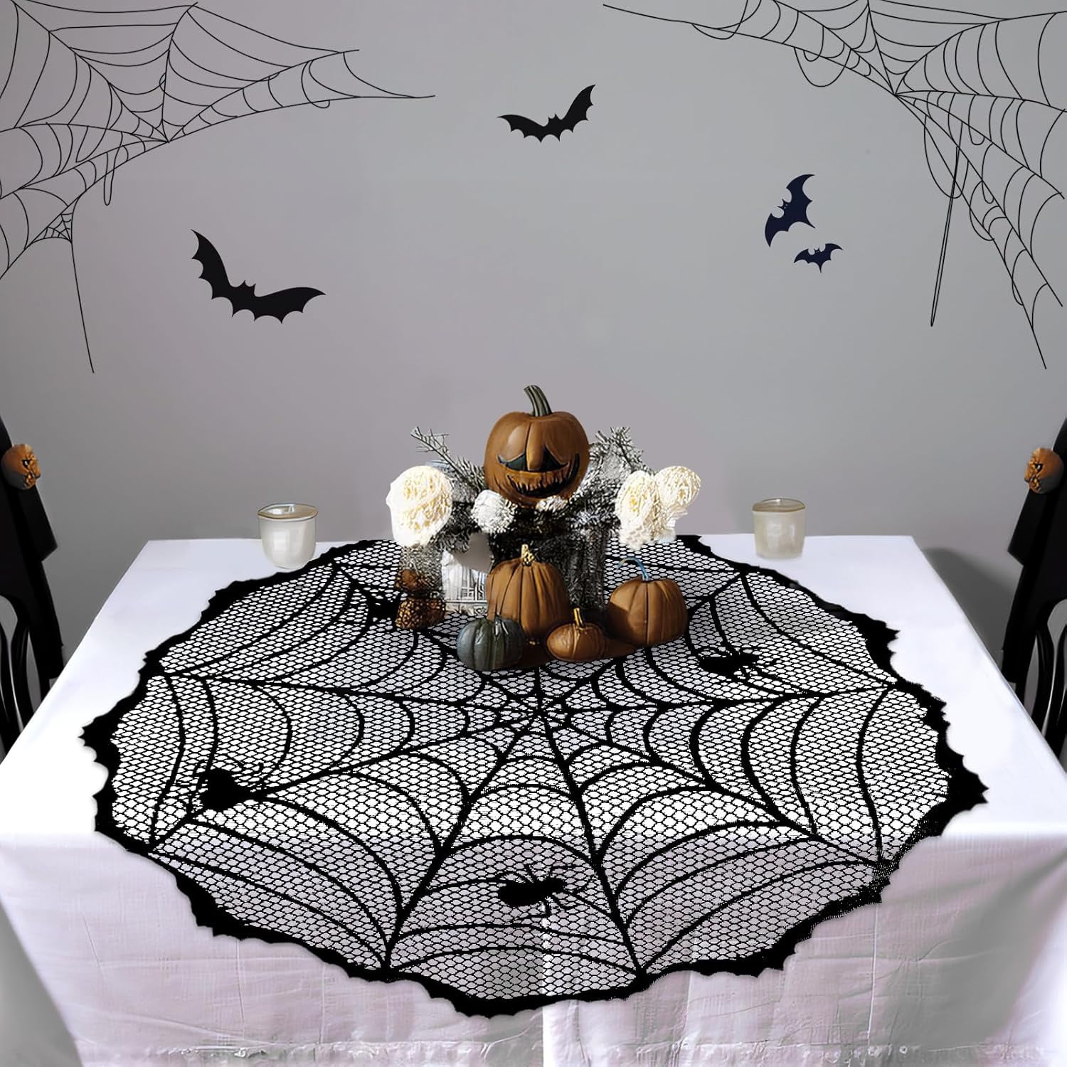 40-Inch Halloween Lace Spiderweb Table Cloth, Black Round Table Topper ...