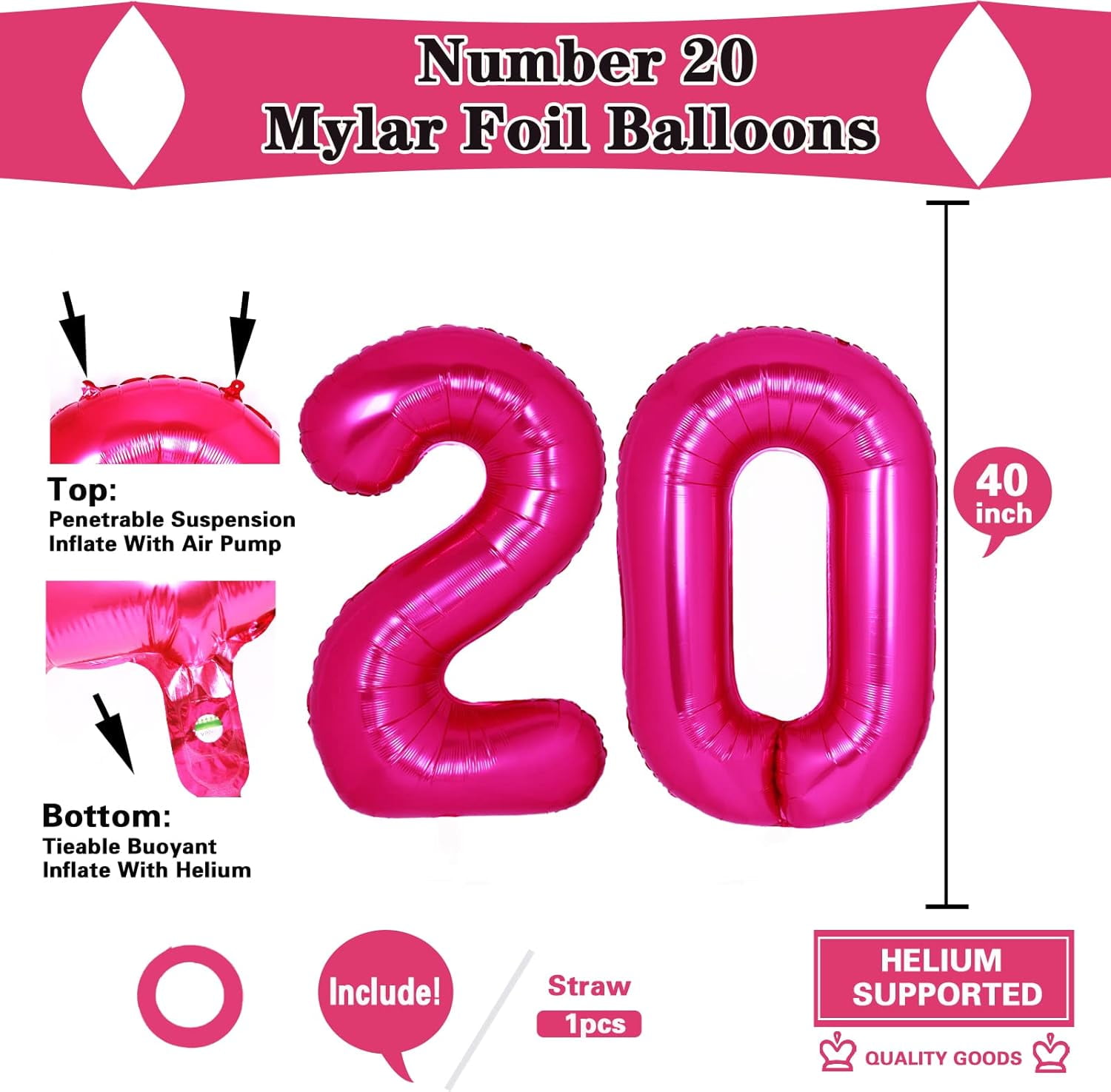 40 Inch Number 20 Balloons Giant Jumbo 20Th Foil Mylar Helium Balloon ...
