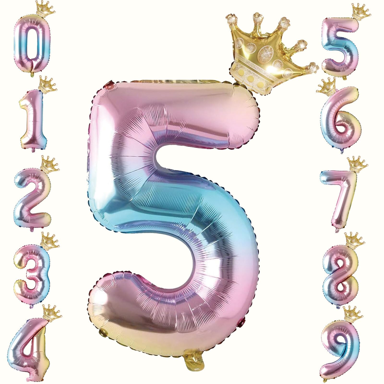 40 Inch Rainbow Number 5 Balloon with Crown Giant 5th Helium Foil ...