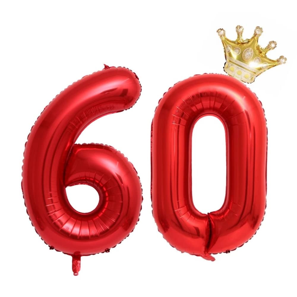 40-Inch Red Number 60 IFF17 Balloons With Crown, 60th Birthday Balloon ...