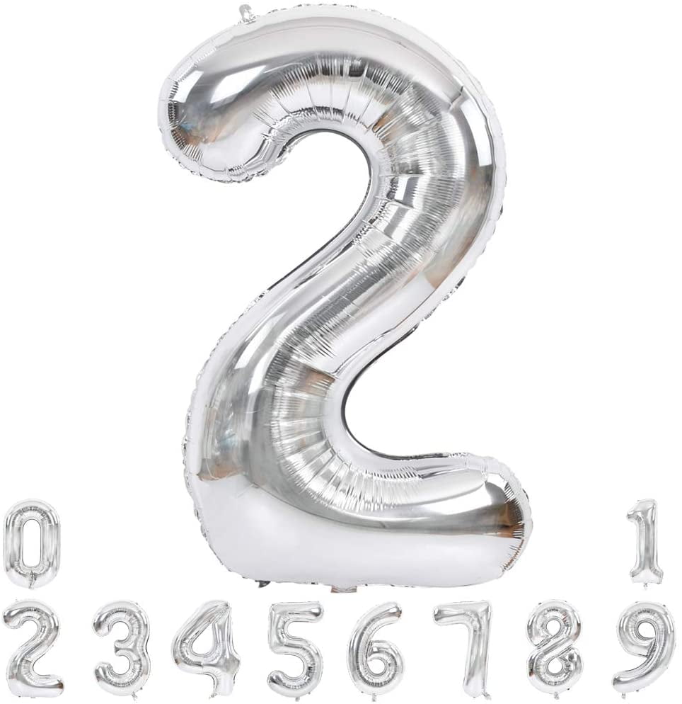 40 Inch Silver Large Numbers Balloons 0-9, Number 2 Digital 2 Helium ...