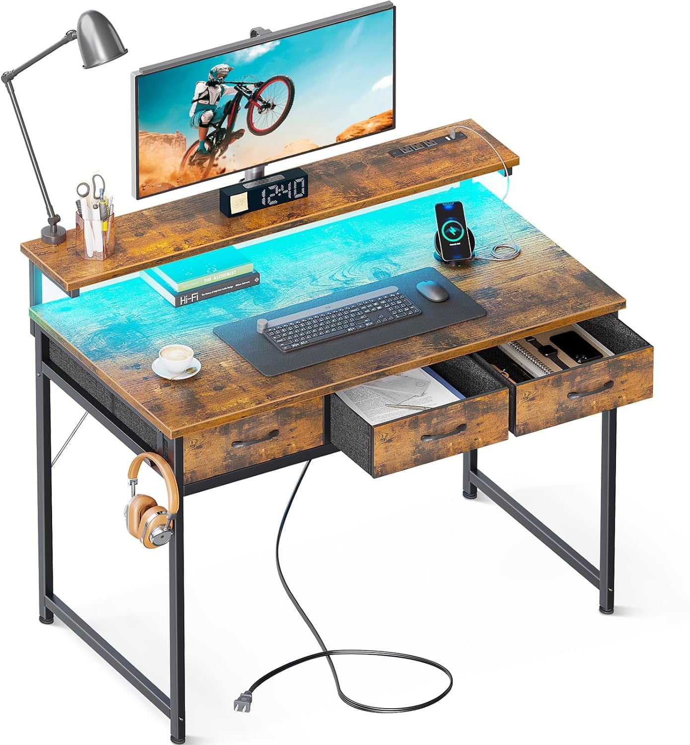 40 Inch Small Computer Desk with 3 Drawers and USB Power Outlets, Home ...