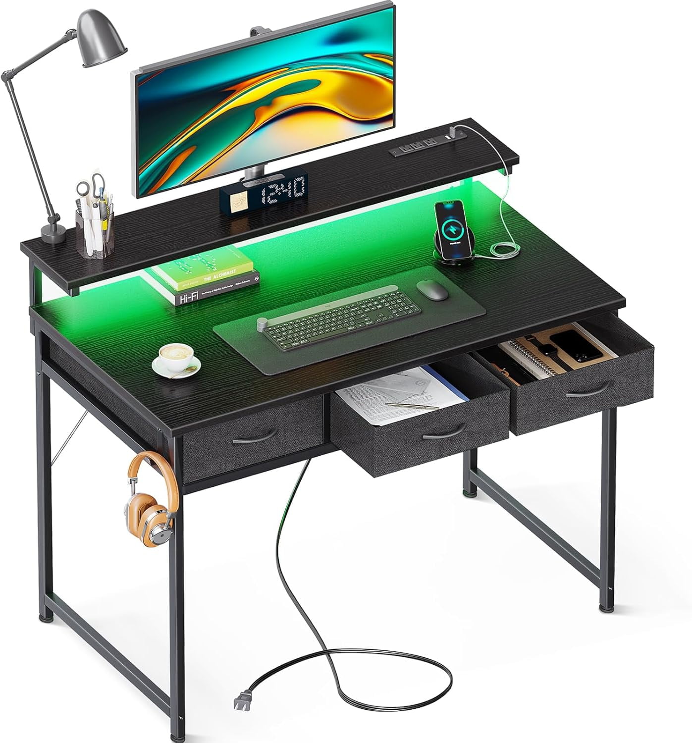 40 Inch Small Computer Desk with 3 Drawers and USB Power Outlets, Home ...