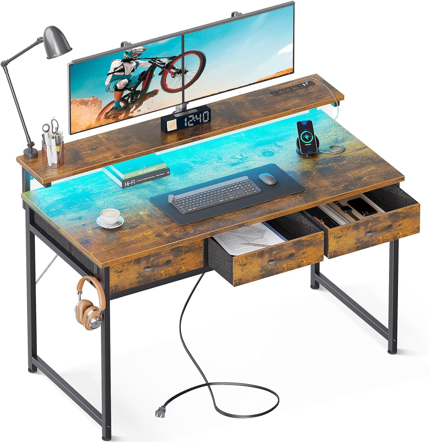 40 Inch Small Computer Desk with 3 Drawers and USB Power Outlets, Home ...