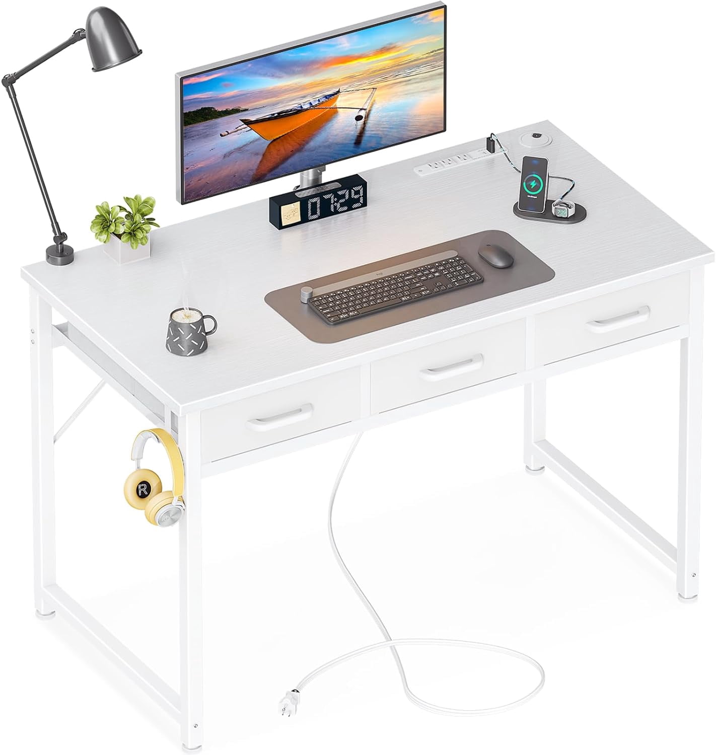 40 Inch Small Computer Desk with 3 Fabric Drawers, Office Desk with USB ...