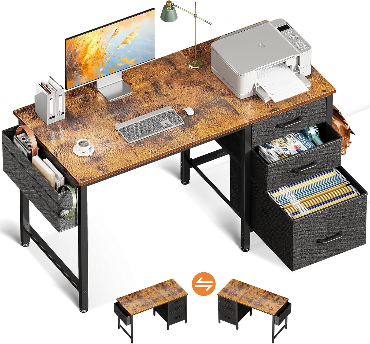 40-Inch Small Computer Desk with Fabric Drawers & File Cabinet, Home ...