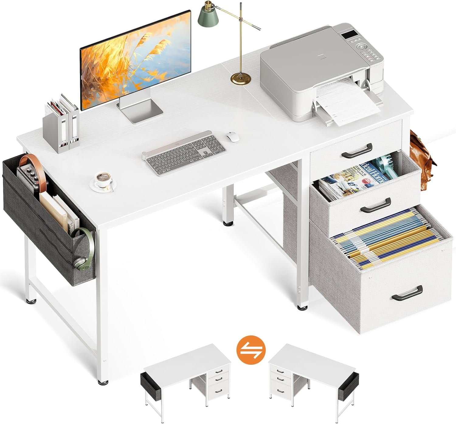 40-Inch Small Computer Desk with Fabric Drawers & File Cabinet, Home ...