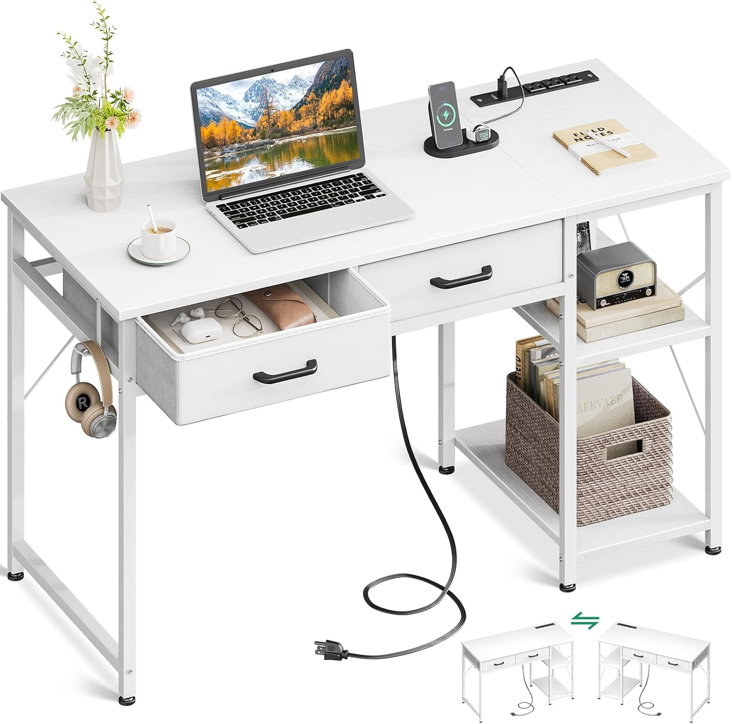 Laptop Desk, 40 Inch Small Computer Desk With Drawers & Power Outlet ...