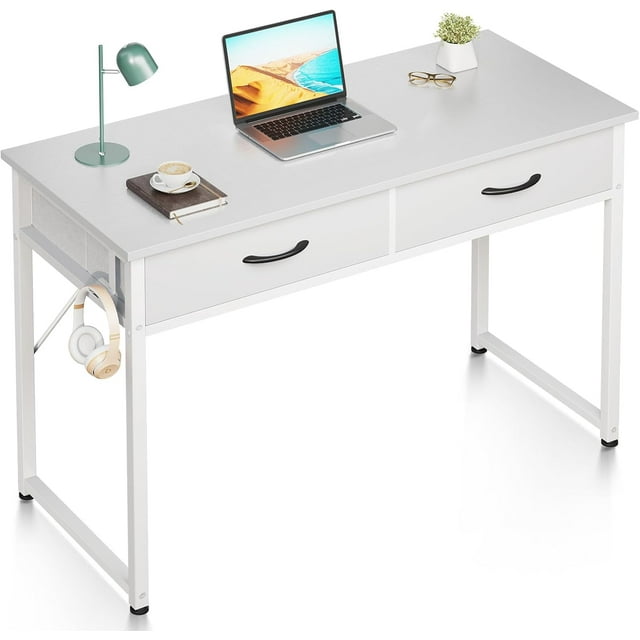 40 Inch Small Desk with Fabric Drawers- for Bedroom, White Vanity Desk ...