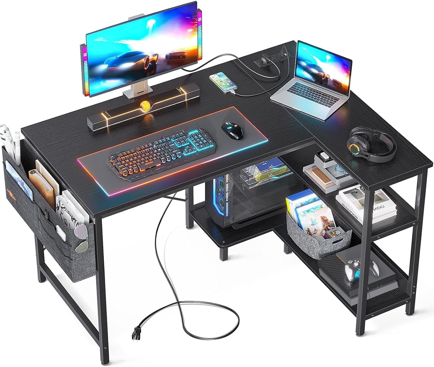 40 Inch Small L Shaped Gaming Computer Desk with Power Outlets ...