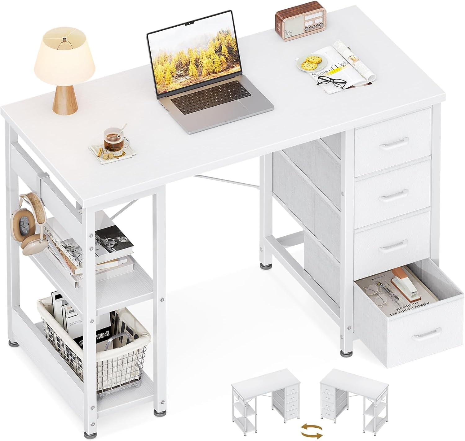 40 Inch Small White Computer Desk with 4 Fabric Drawers, Modern Writing ...