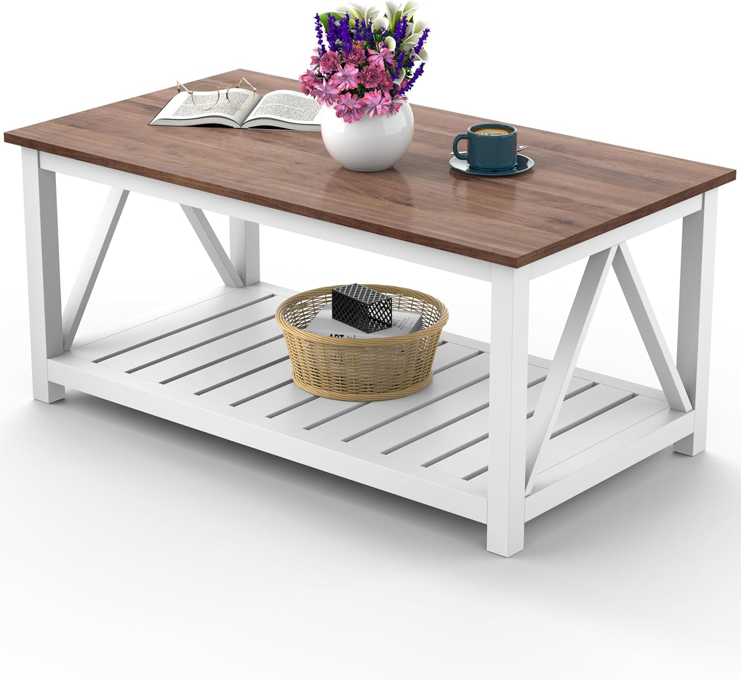 40 Inch Vintage Farmhouse Coffee Table, Rustic Wood Center Table with ...