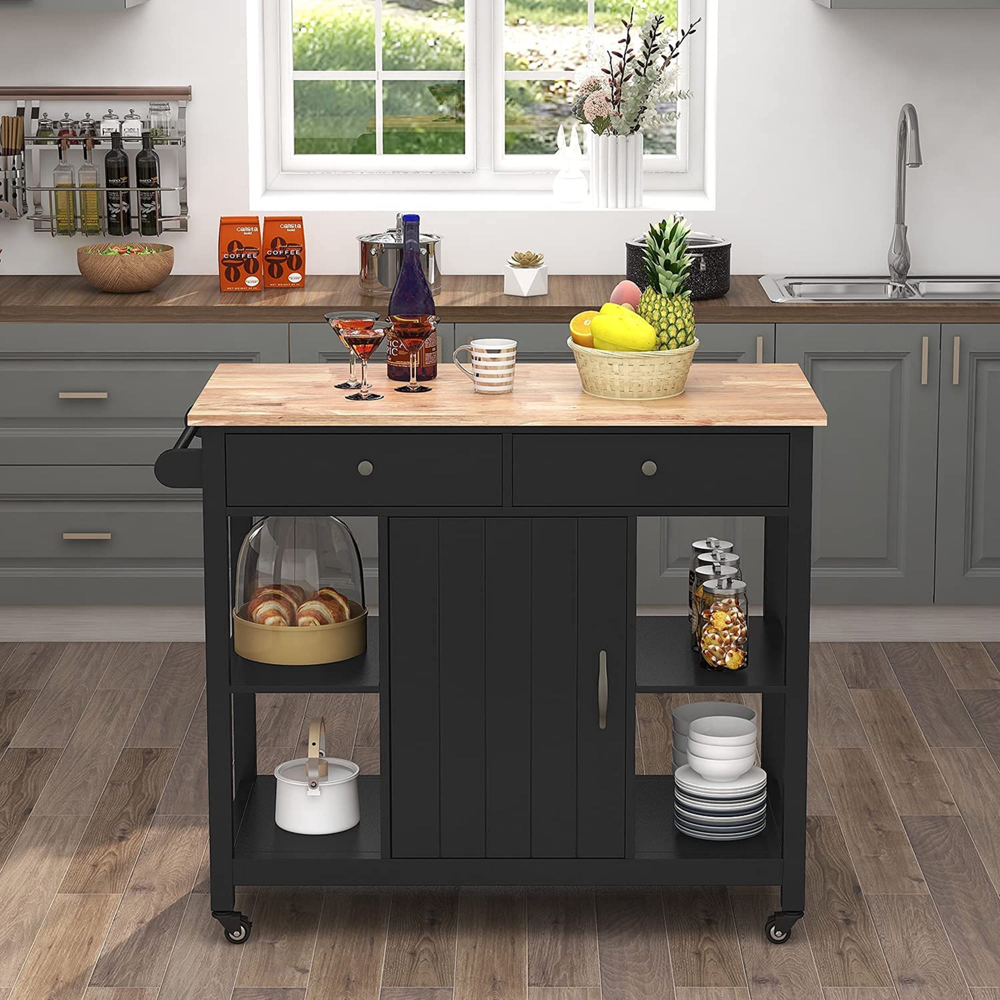 40" Kitchen Island Cart – Rubber Wood Top, Locking Wheels, Versatile ...