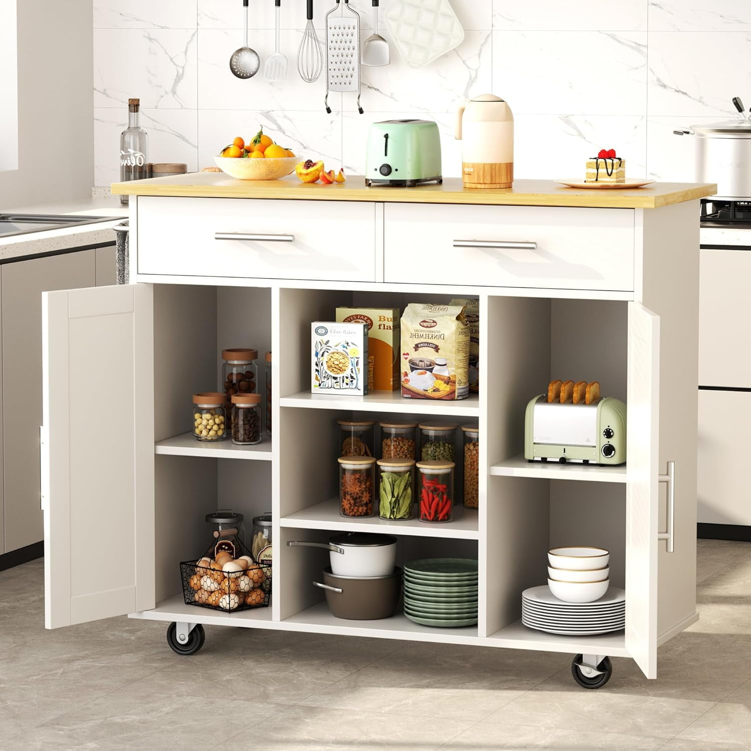 40" Kitchen Island with Storage on Wheels, Portable Rolling Kitchen ...