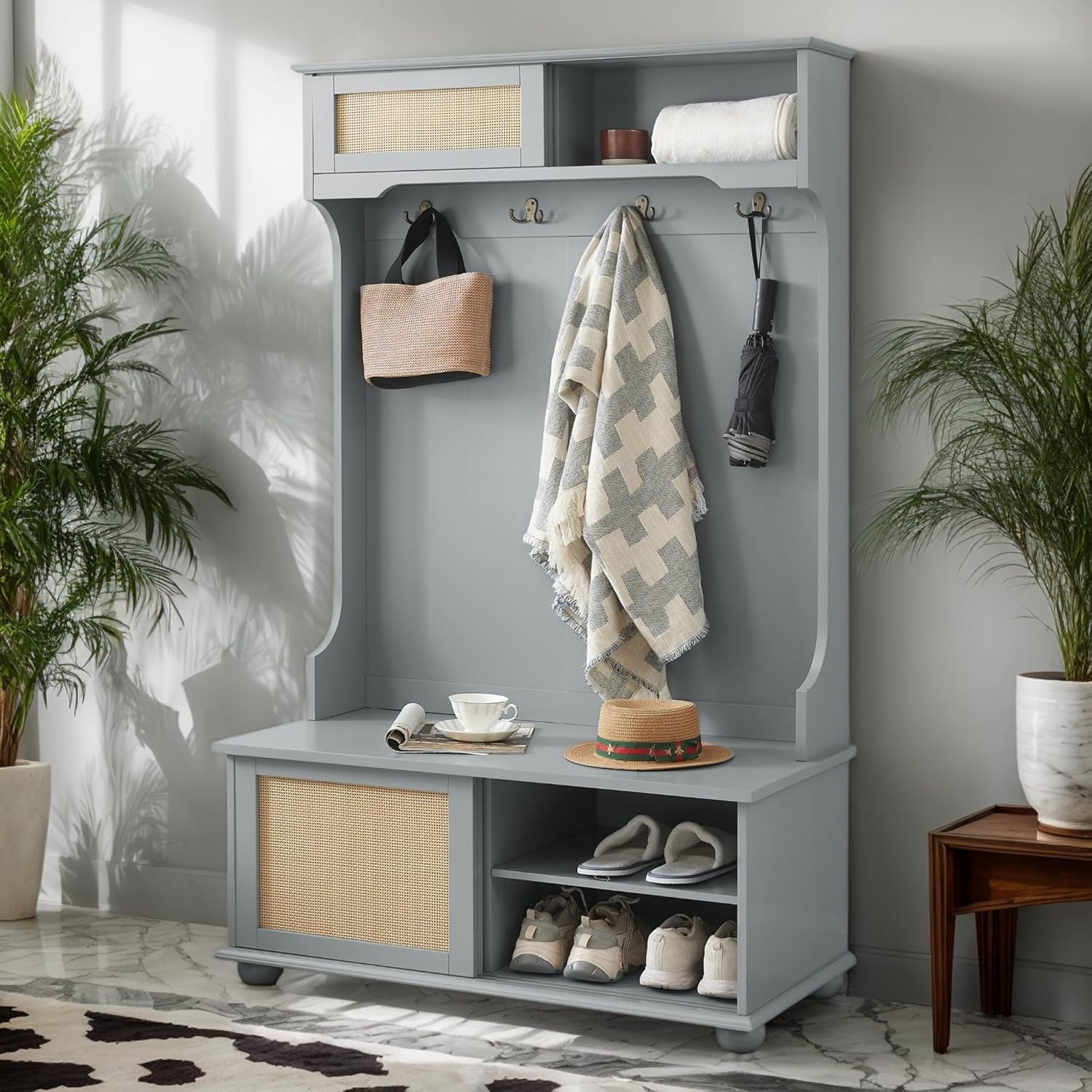 40" L Coastal Hall Tree with Sliding Doors, Rattan Entryway Bench with ...