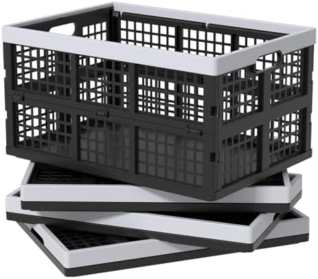 40 L Large Collapsible Storage Crates, Black Plastic Stackable Storage ...