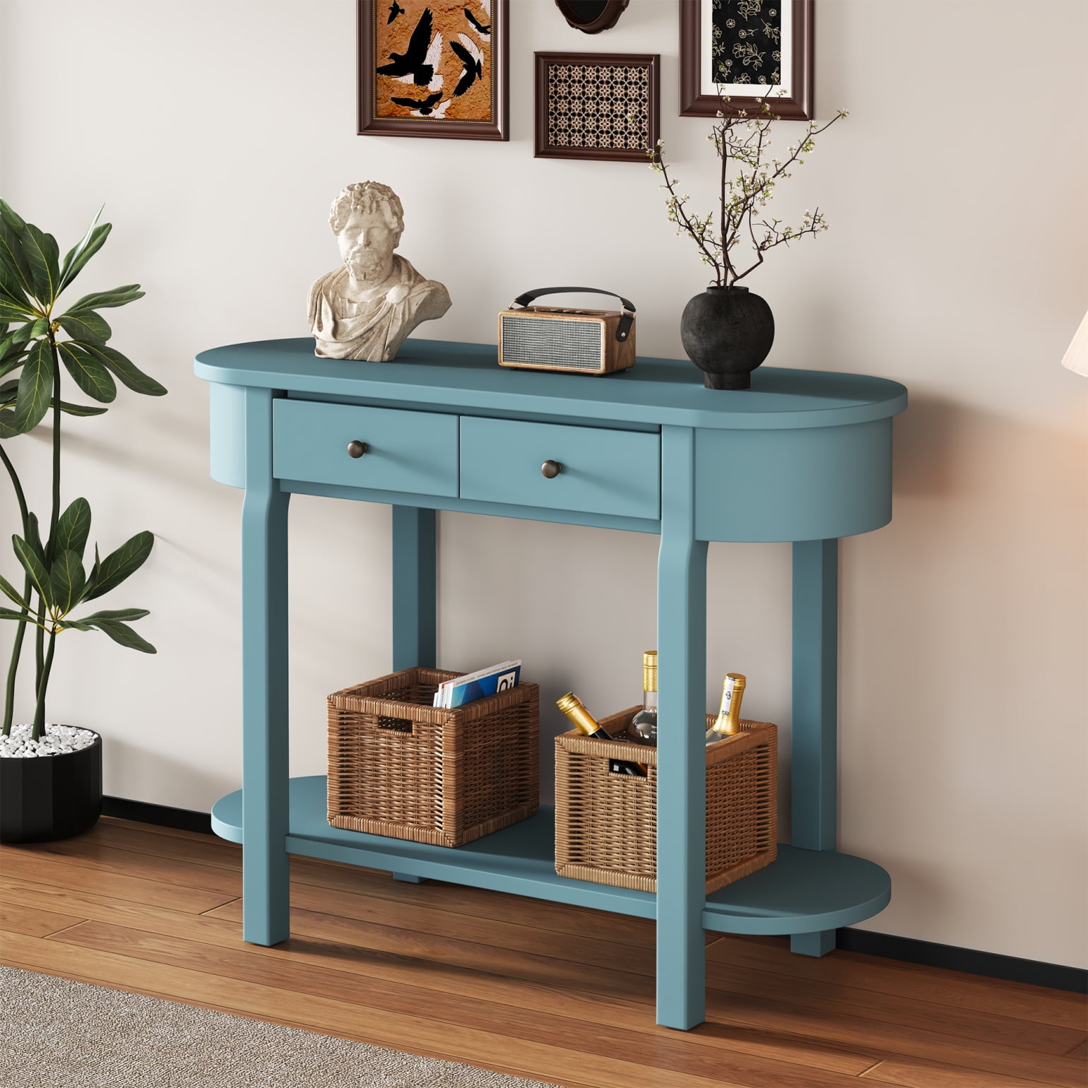 40" L Retro Narrow Console Table, Wood Curved Sofa Table with Open ...