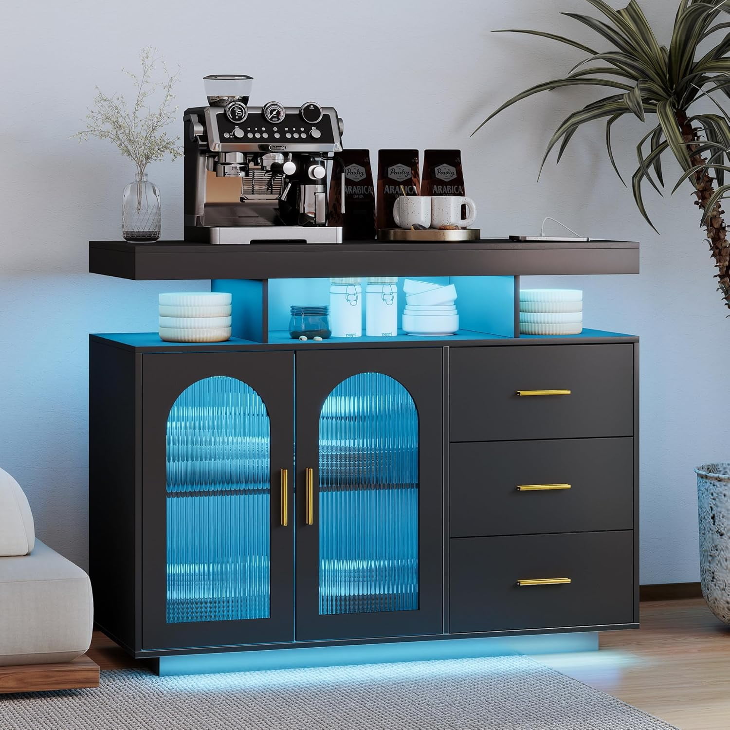 40" LED Buffet Cabinet with Charging Station, Auto Sensor Kitchen ...