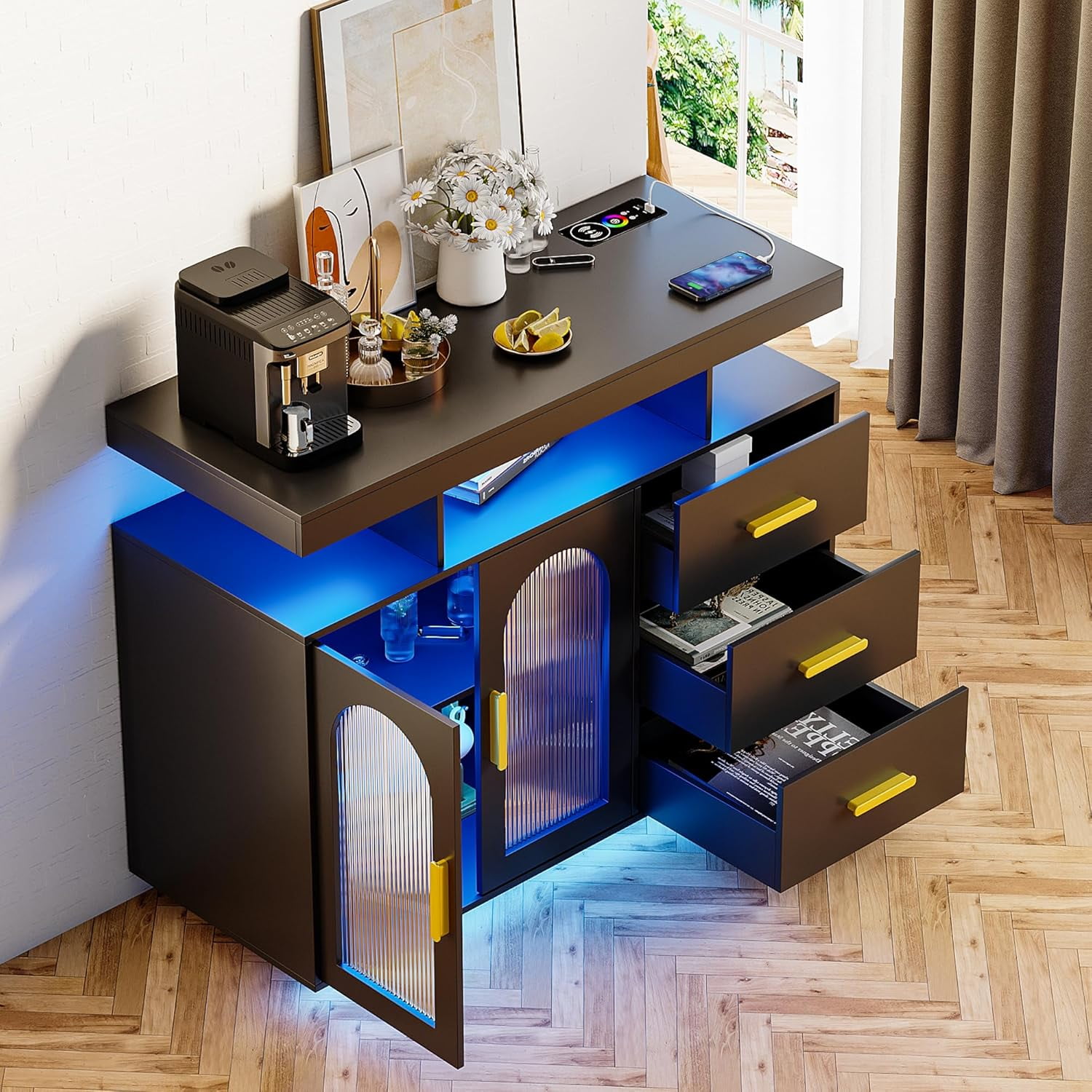 40" LED Coffee Bar Table with Charging Station, Auto Sensor Kitchen ...