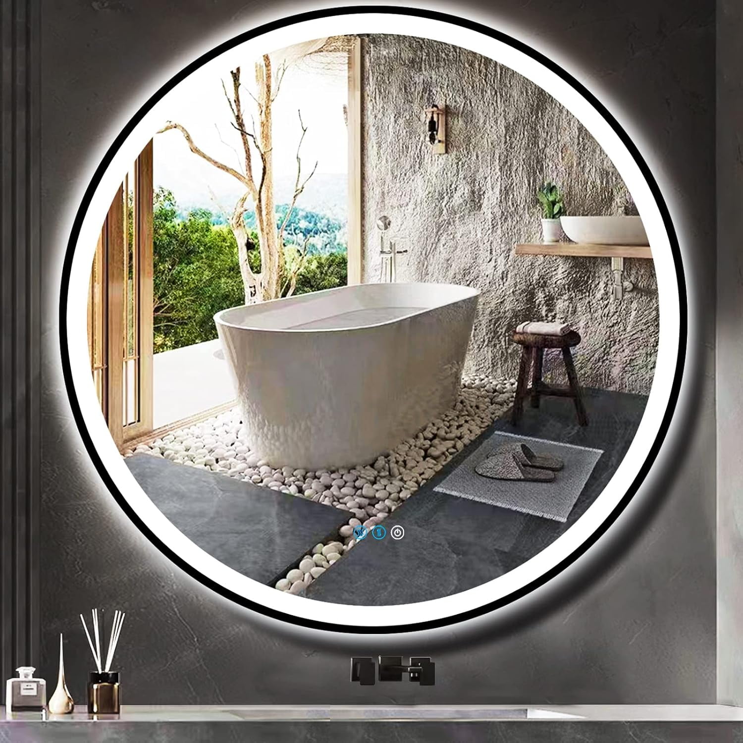 40" LED Mirror, Wall Mount, Round, Black Frame, 3 Color Lights, Anti ...