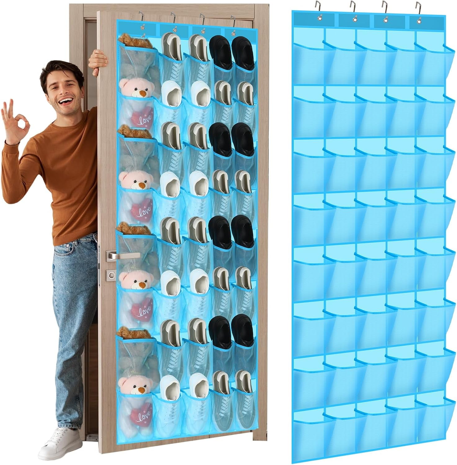 40 Large Over the Door Hanging Shoe Organizer Sky Blue Mesh Pockets ...
