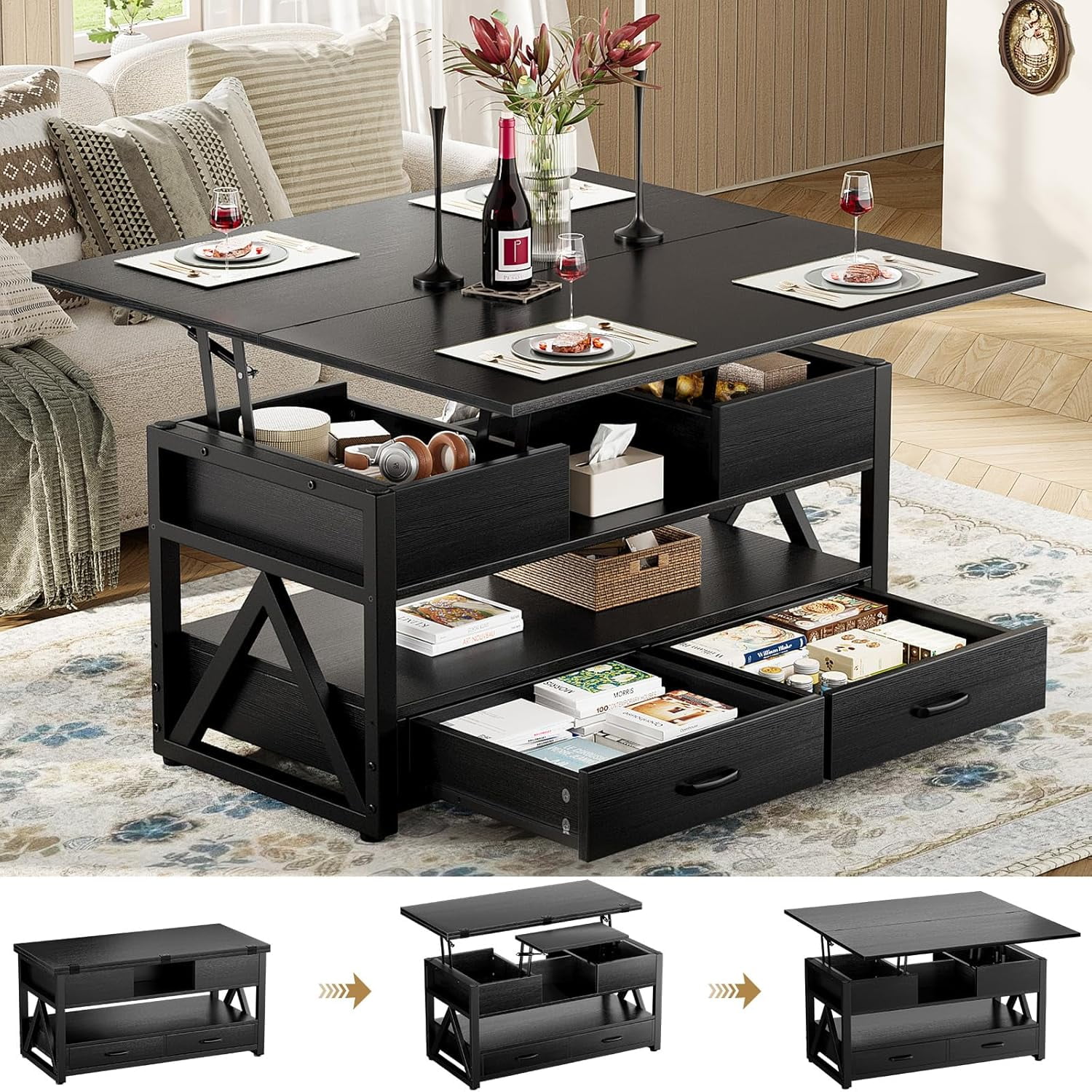 40" Lift Top Coffee Table,4 in 1 Multi-Function Lift Coffee Tables with ...